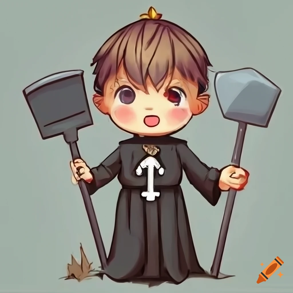 Cute chibi priest with a shovel