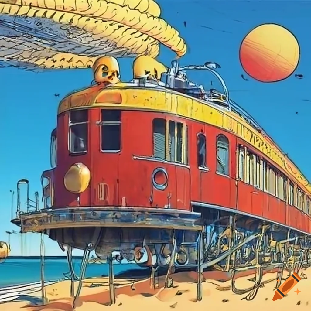 Illustration of a train on the beach