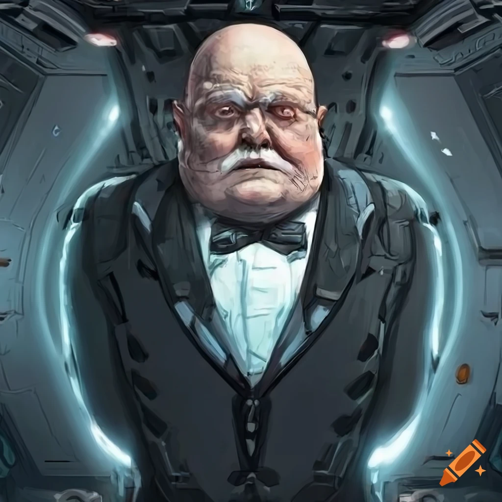Sci-fi artwork of a bald fat old man in a futuristic spaceship on Craiyon