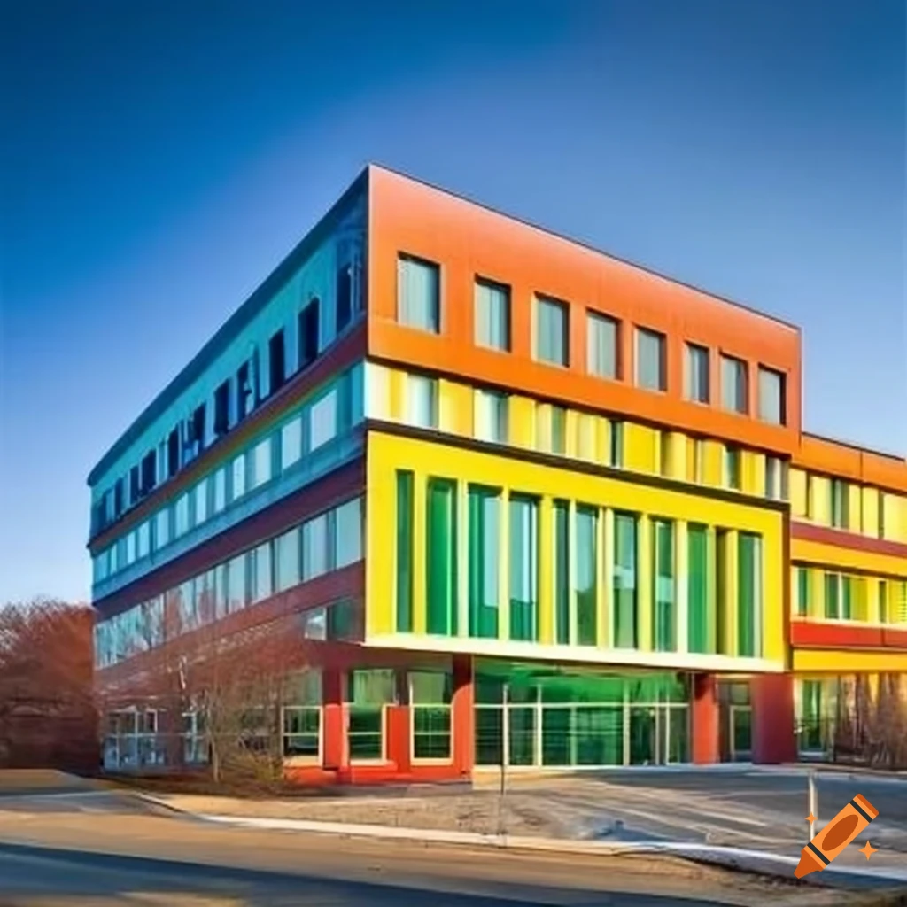 Modern high school building in vibrant colors on Craiyon