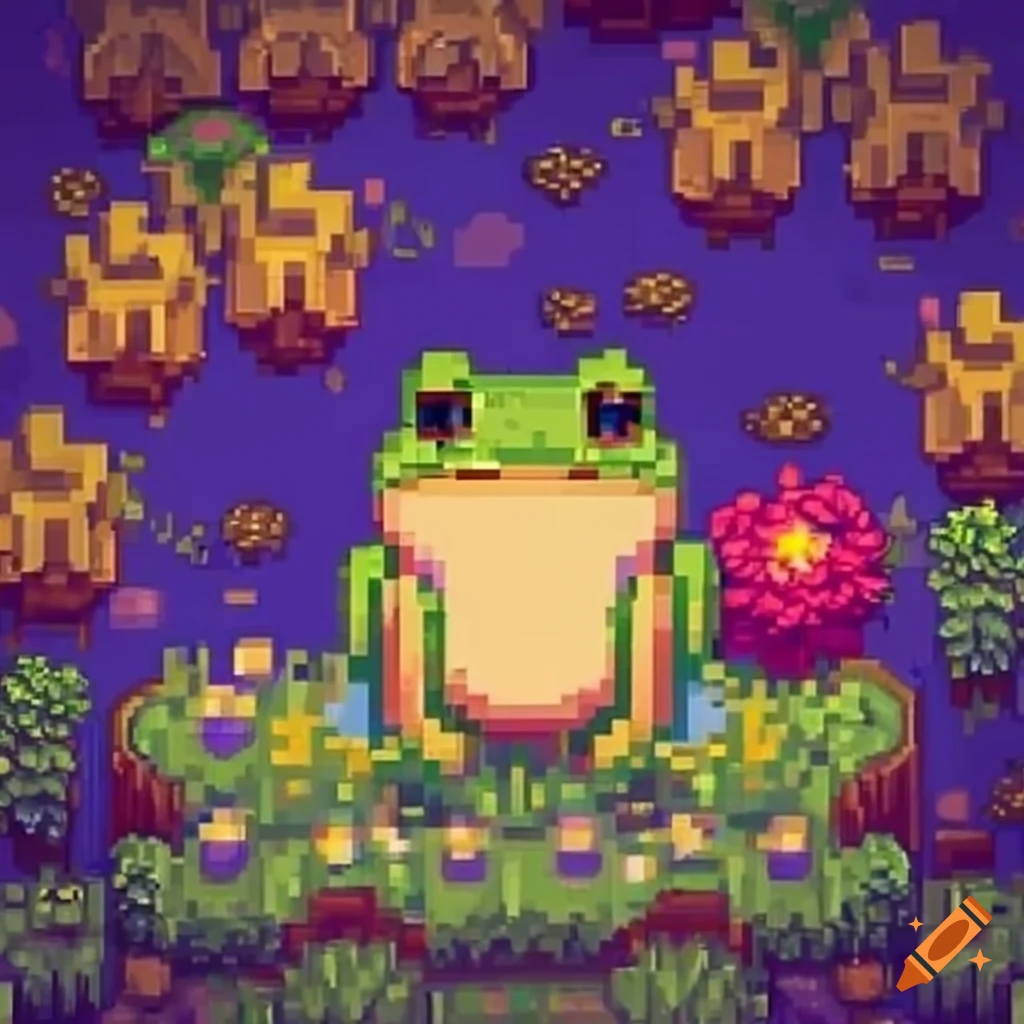 Pixel art of a frog in a flower field on Craiyon