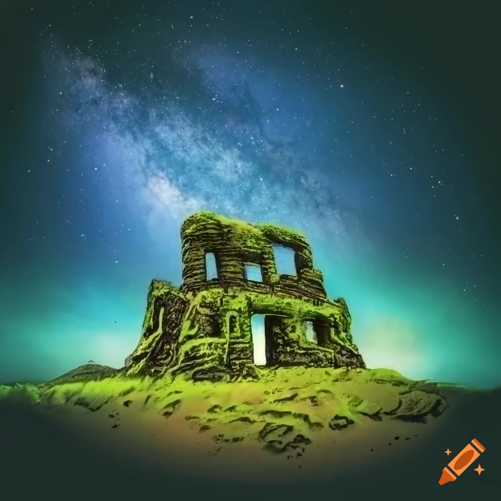 Moss-covered toltec ruins under the milky way