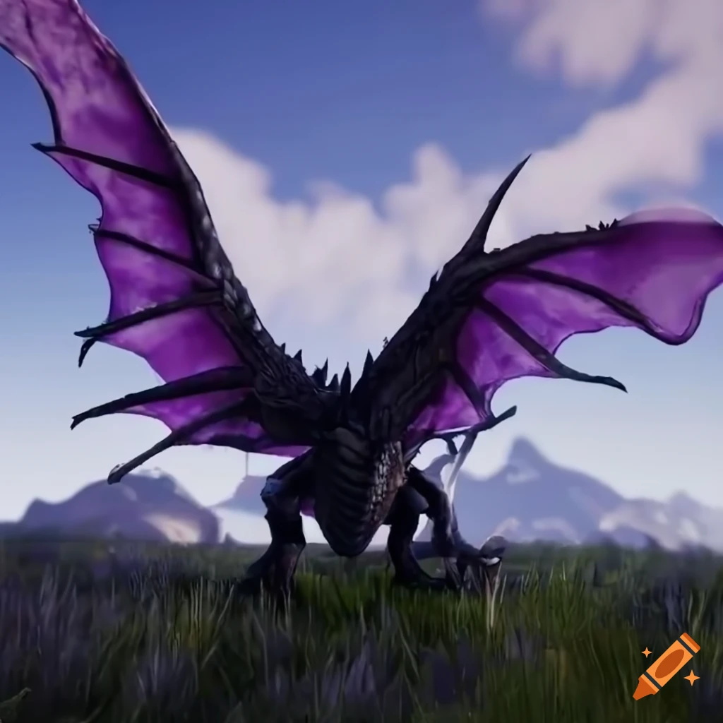 Unreal engine 5 black alien dragon with purple eyes and wings on Craiyon