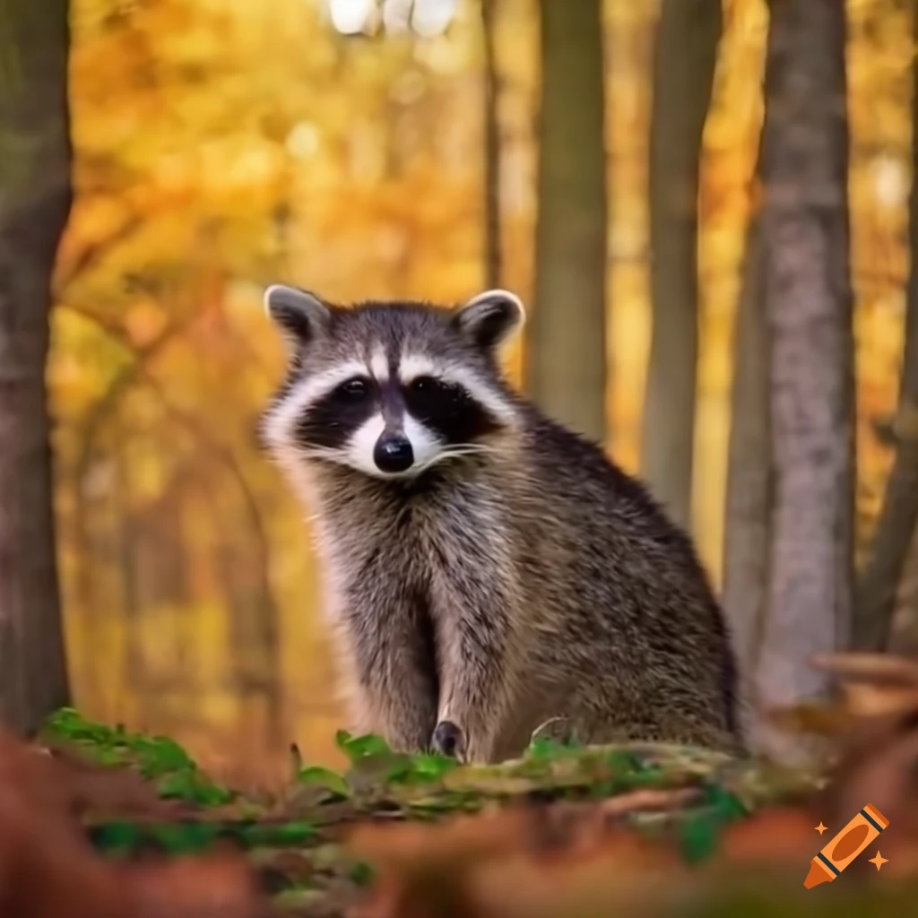 Autumn scene with raccoon in the forest