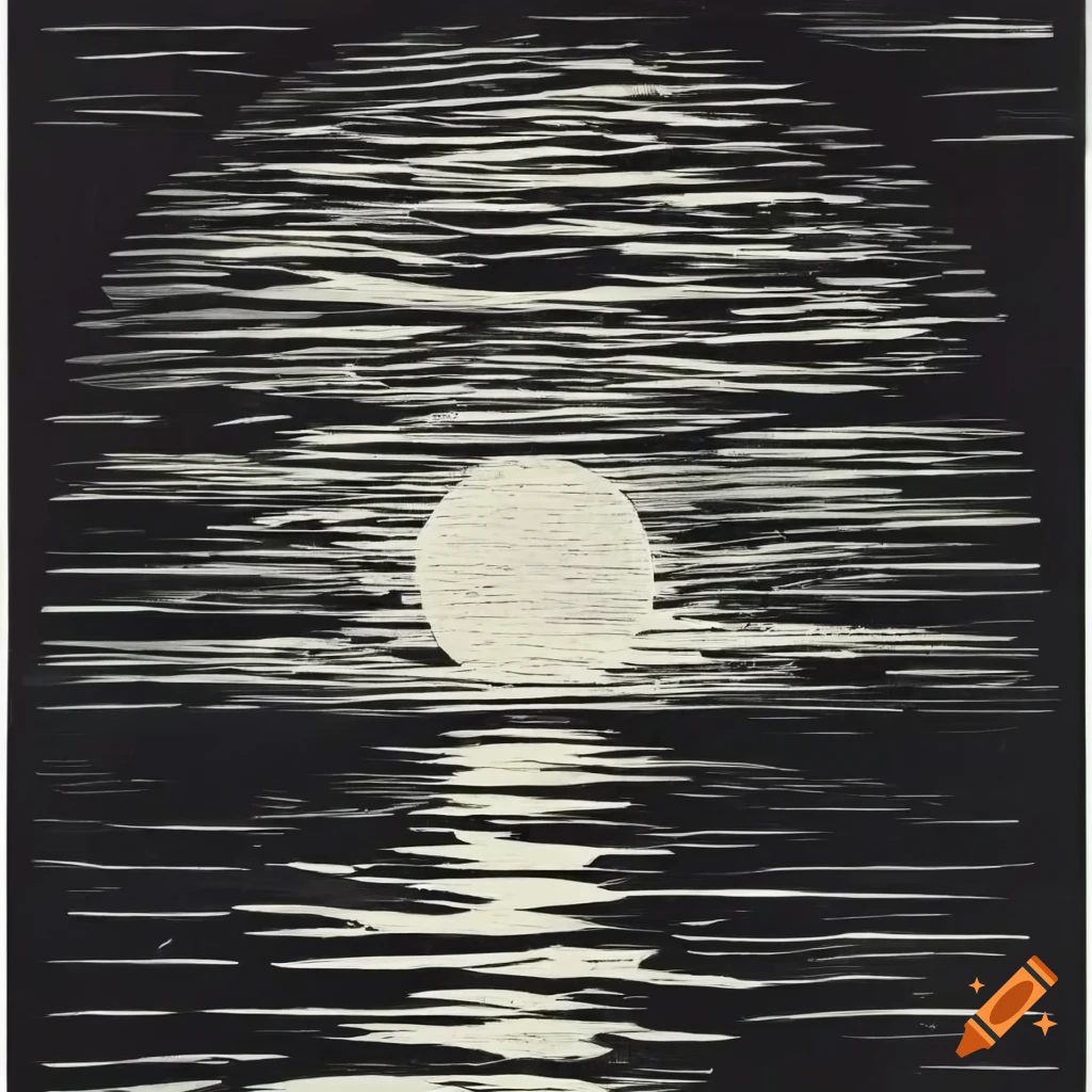 Elegant woodcut print of a serene sunset