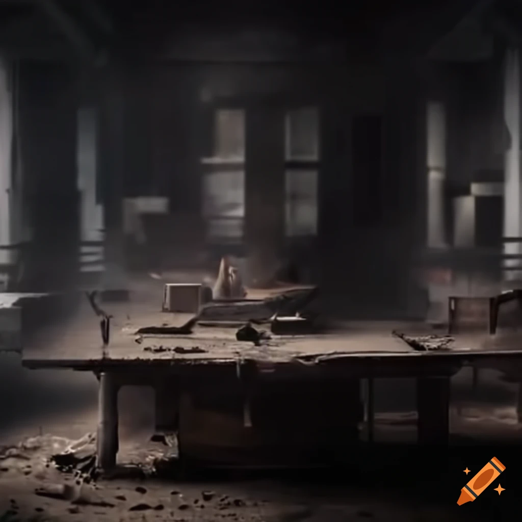 Image of a dusty laboratory with destroyed tables on Craiyon