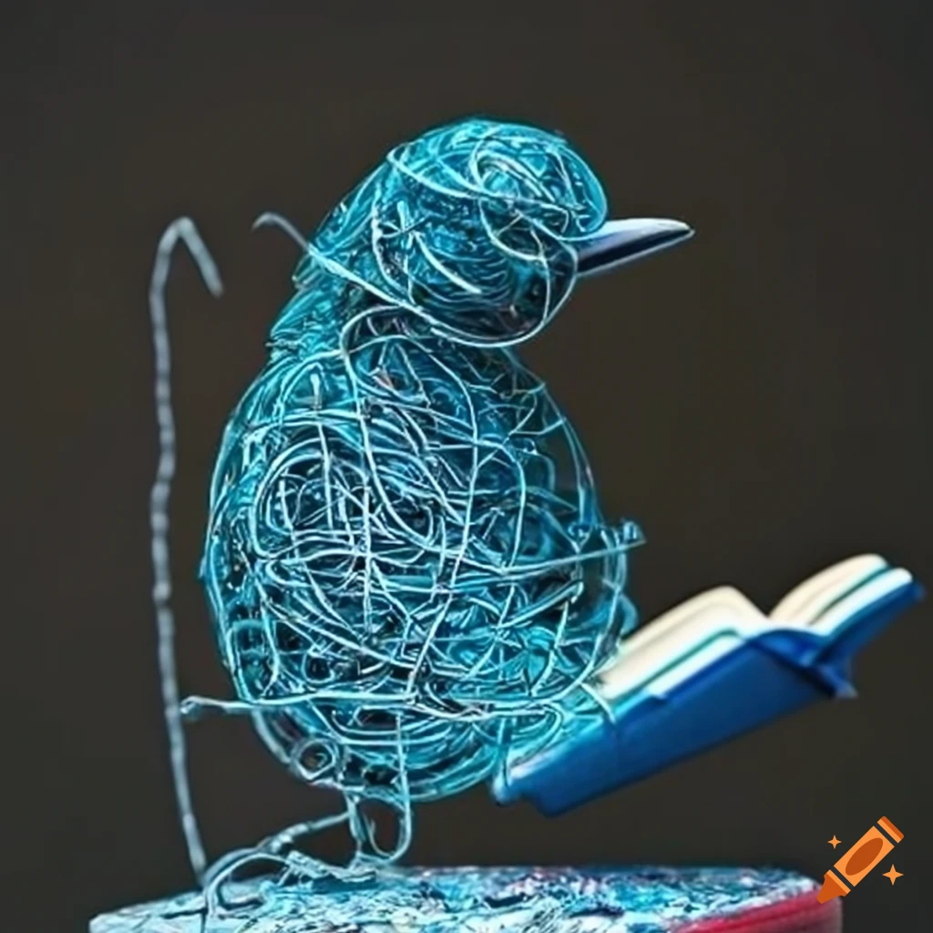 Wire sculpture of a bird reading a book on Craiyon