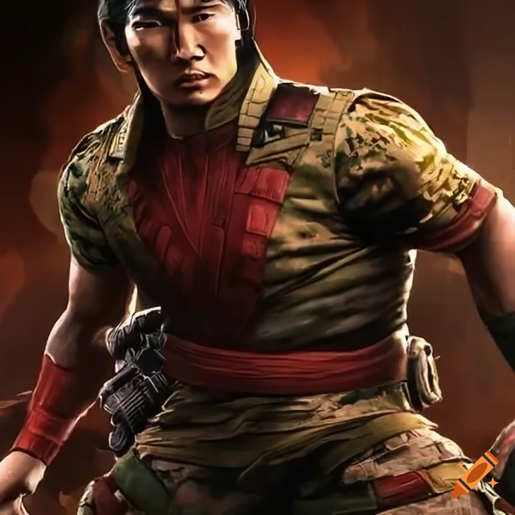 Liu kang in marine corps camo cross arms on Craiyon
