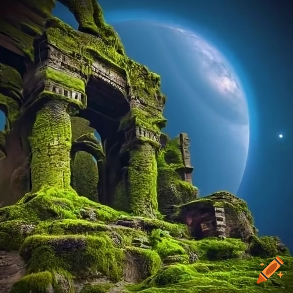 Moss-covered helicoidal tree-building on an exoplanet moon on Craiyon