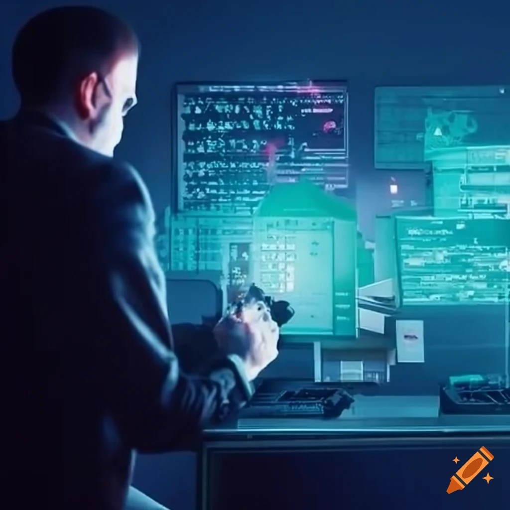 Business man in suit working with digital technology on Craiyon