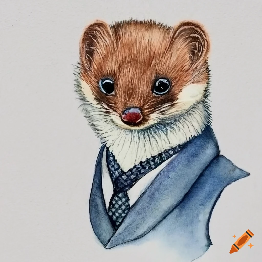 Watercolor of a white weasel in a plaid wool waistcoat on Craiyon
