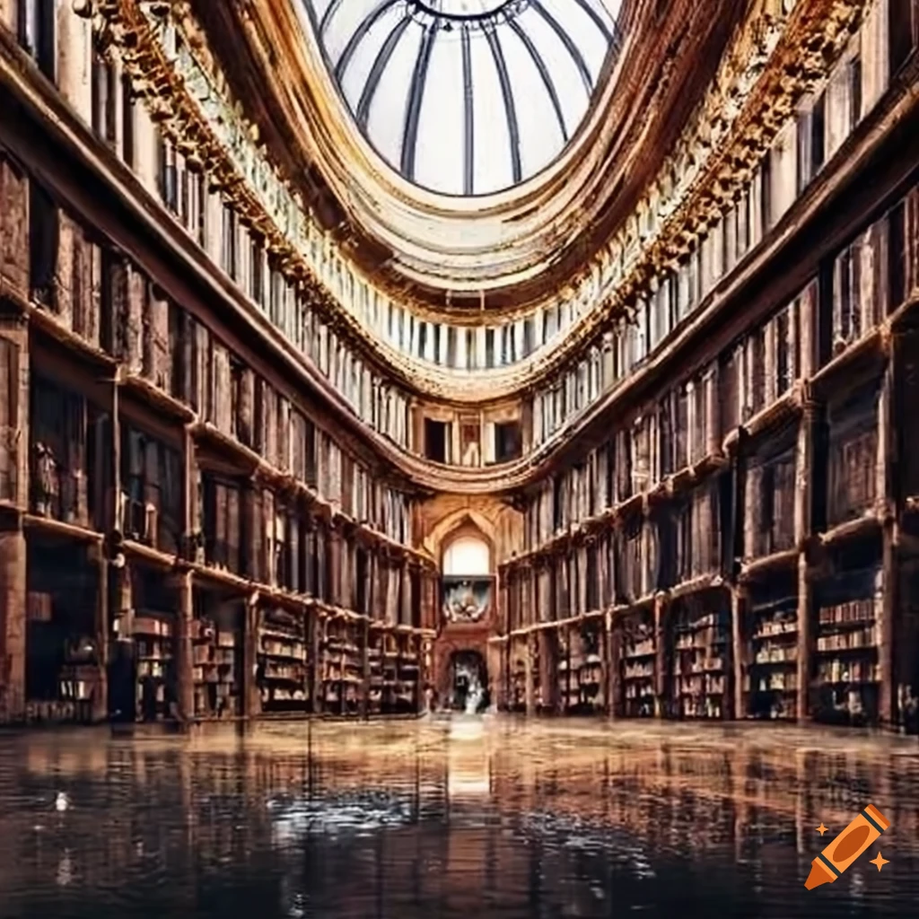 Picture of a grand library with a river running through it on Craiyon