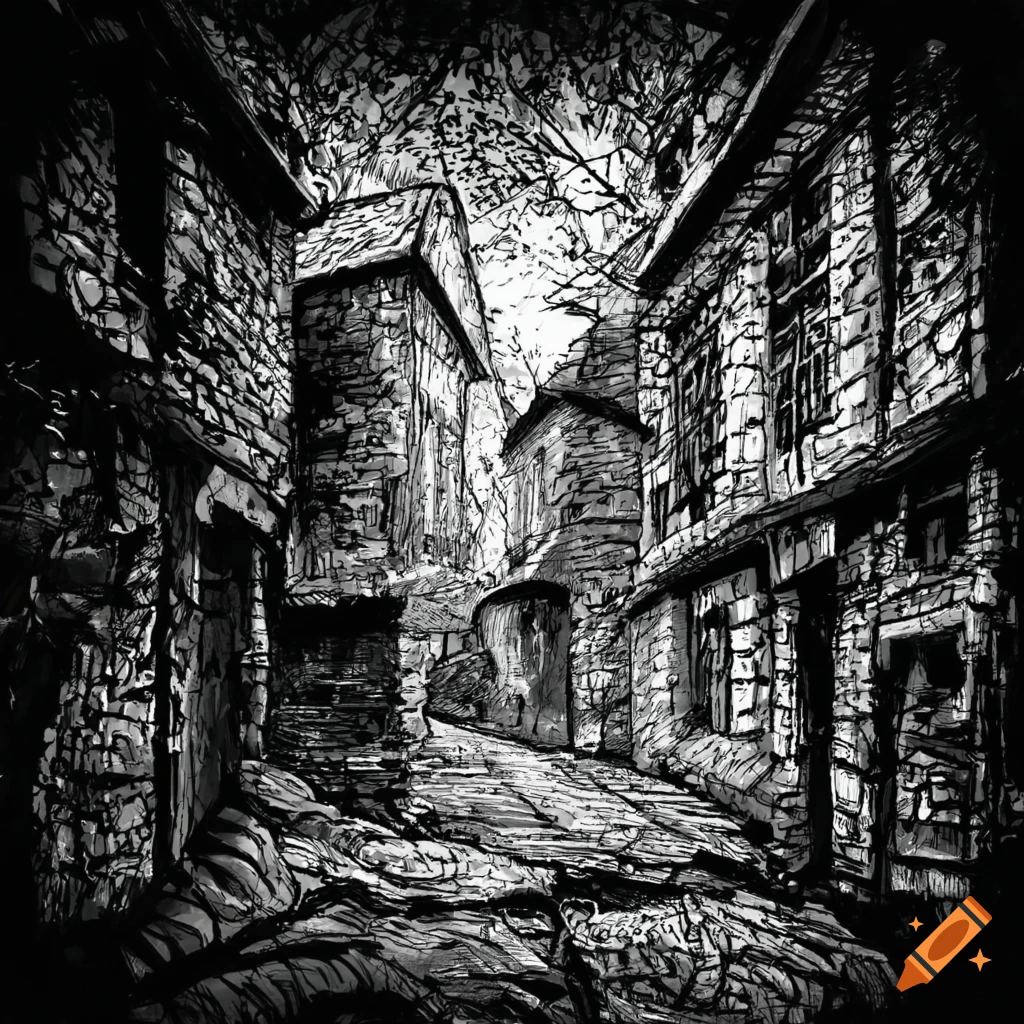 Sketch of a ruined medieval town overgrown by moss on Craiyon
