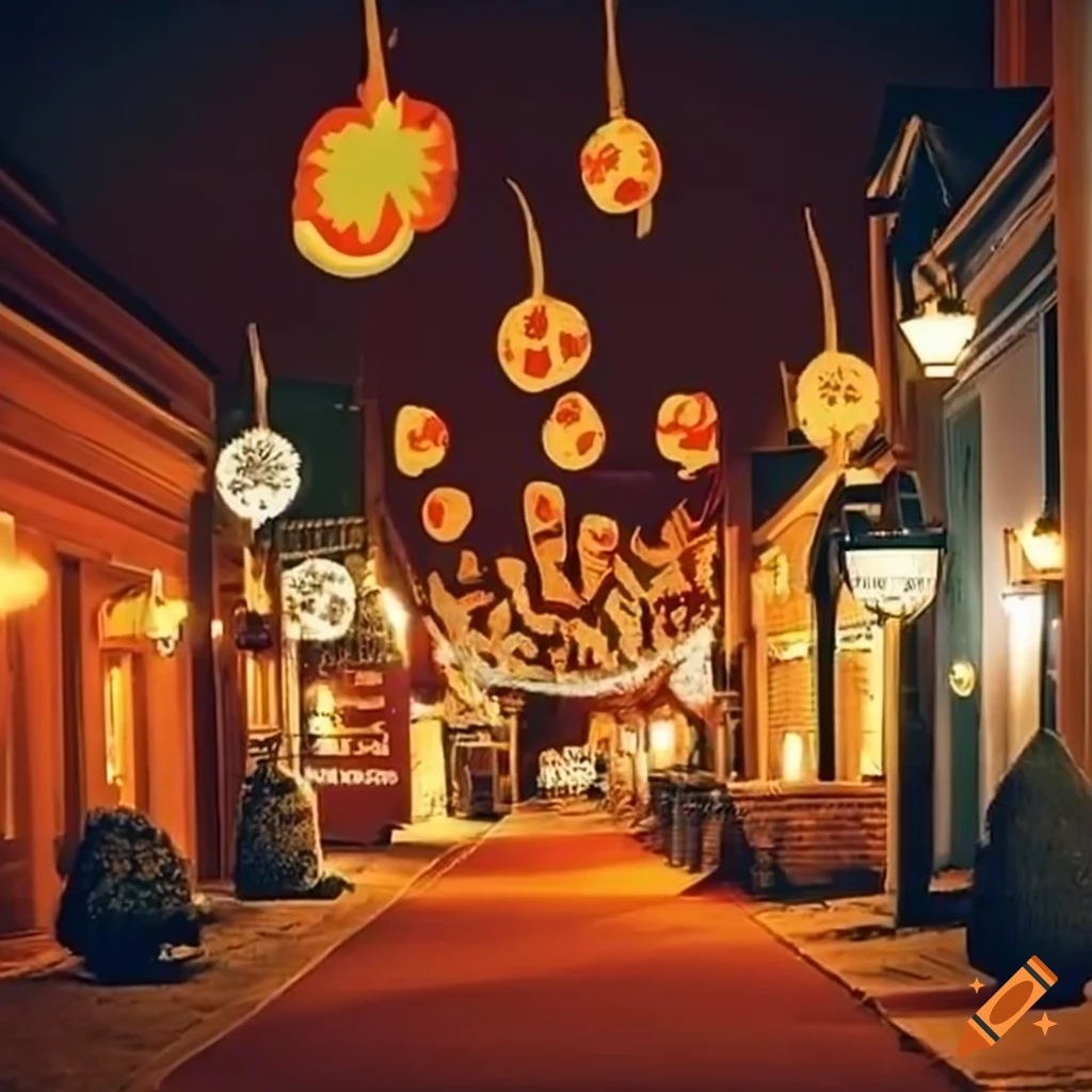 Fall decorations on a small town main street on Craiyon