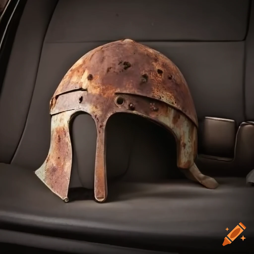 Photorealistic rusty knight's helmet in a car