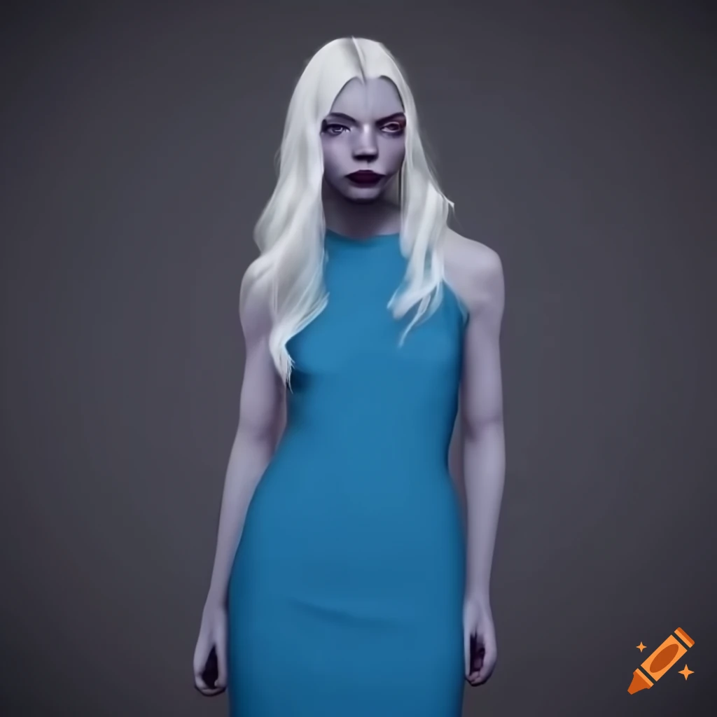 Character design of a white-haired drow girl in blue dress on Craiyon