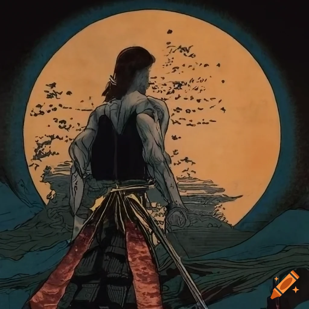 Japanese woodblock print of a glowing aslime samurai on Craiyon