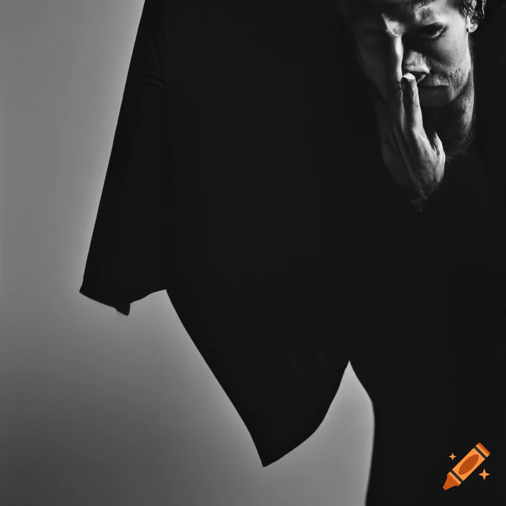 Black and white dramatic photo of a man debating with a shadow on Craiyon