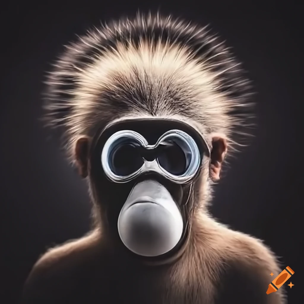 Monkey wearing an air filter mask on a car engine