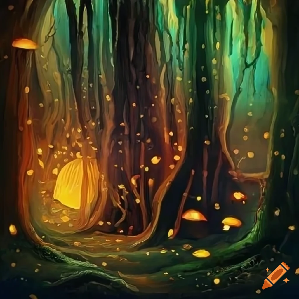 Magical forest with colorful mushrooms and fireflies on Craiyon