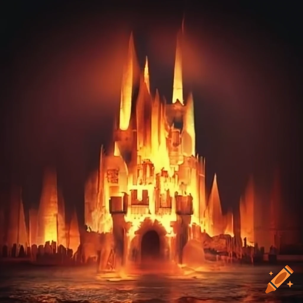 Castle engulfed in flames artwork on Craiyon
