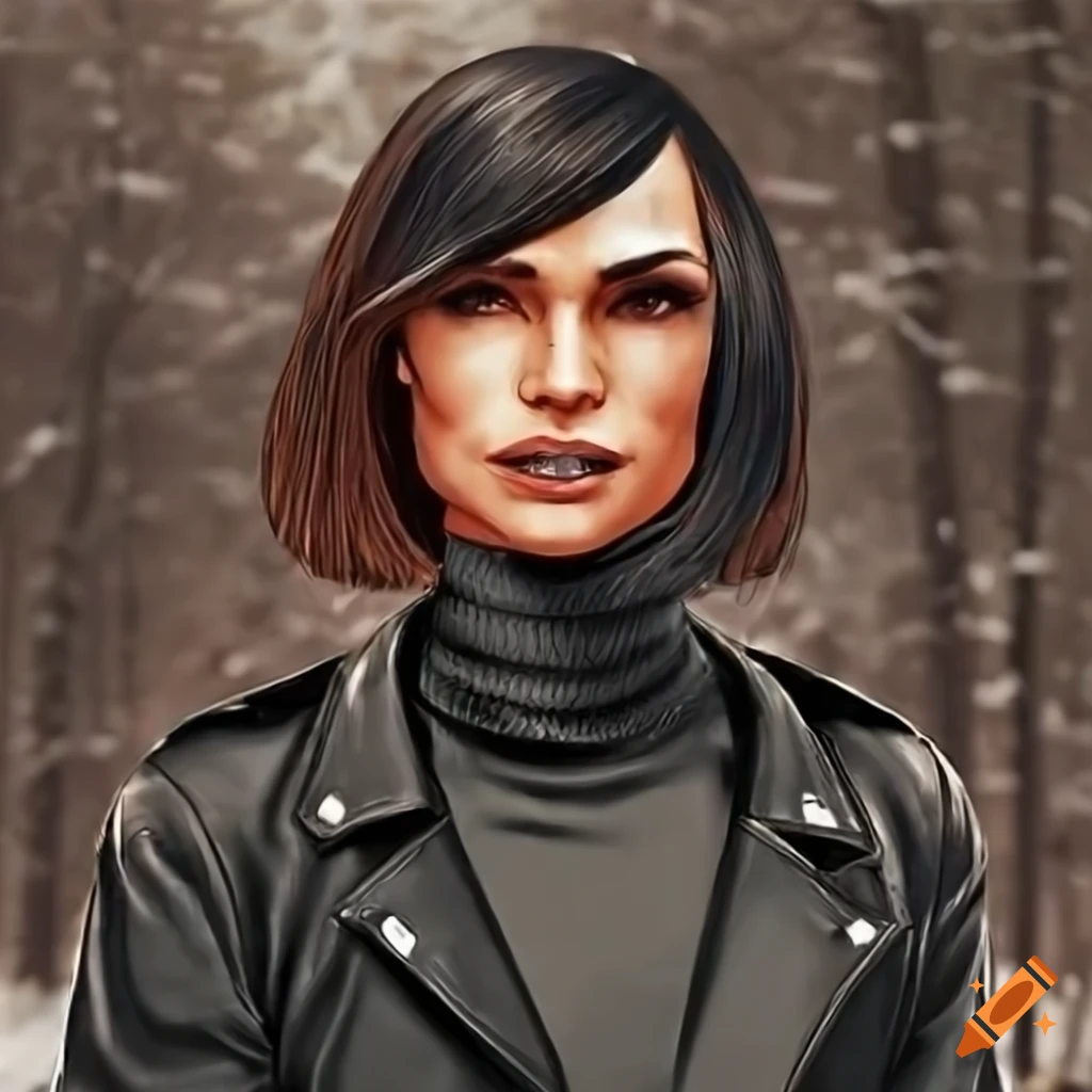 Comic book art of a strong woman in leather jacket