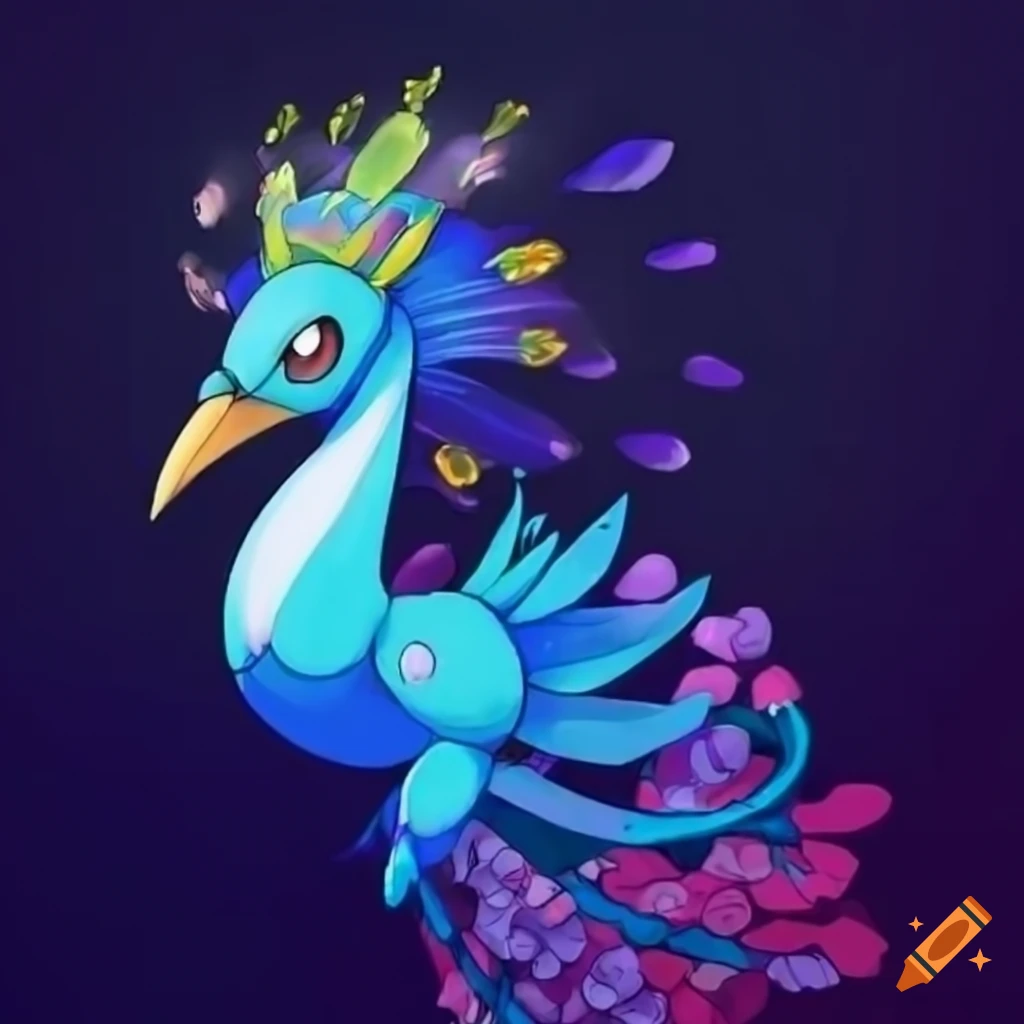 Vibrant and mystical Pokemon with peacock-like body on Craiyon