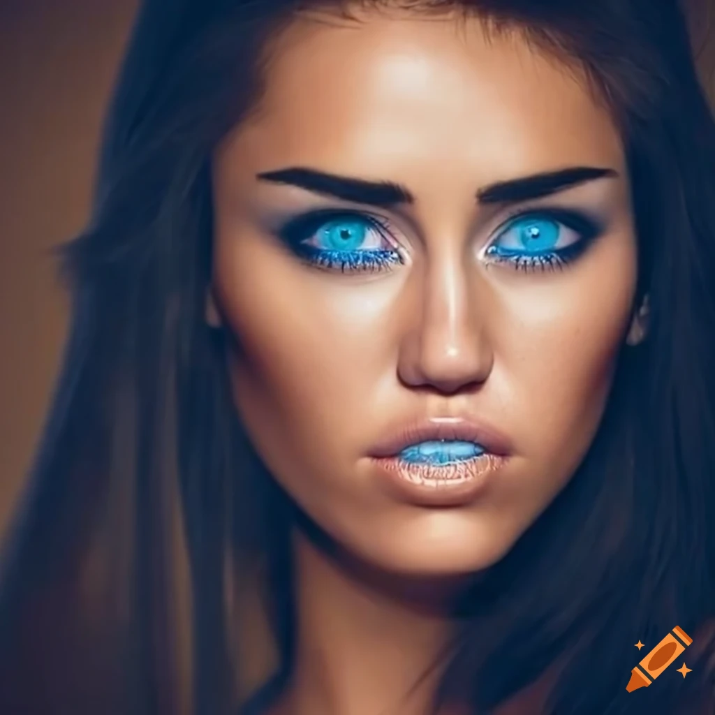 Portrait of a beautiful woman with tan skin and blue eyes on Craiyon