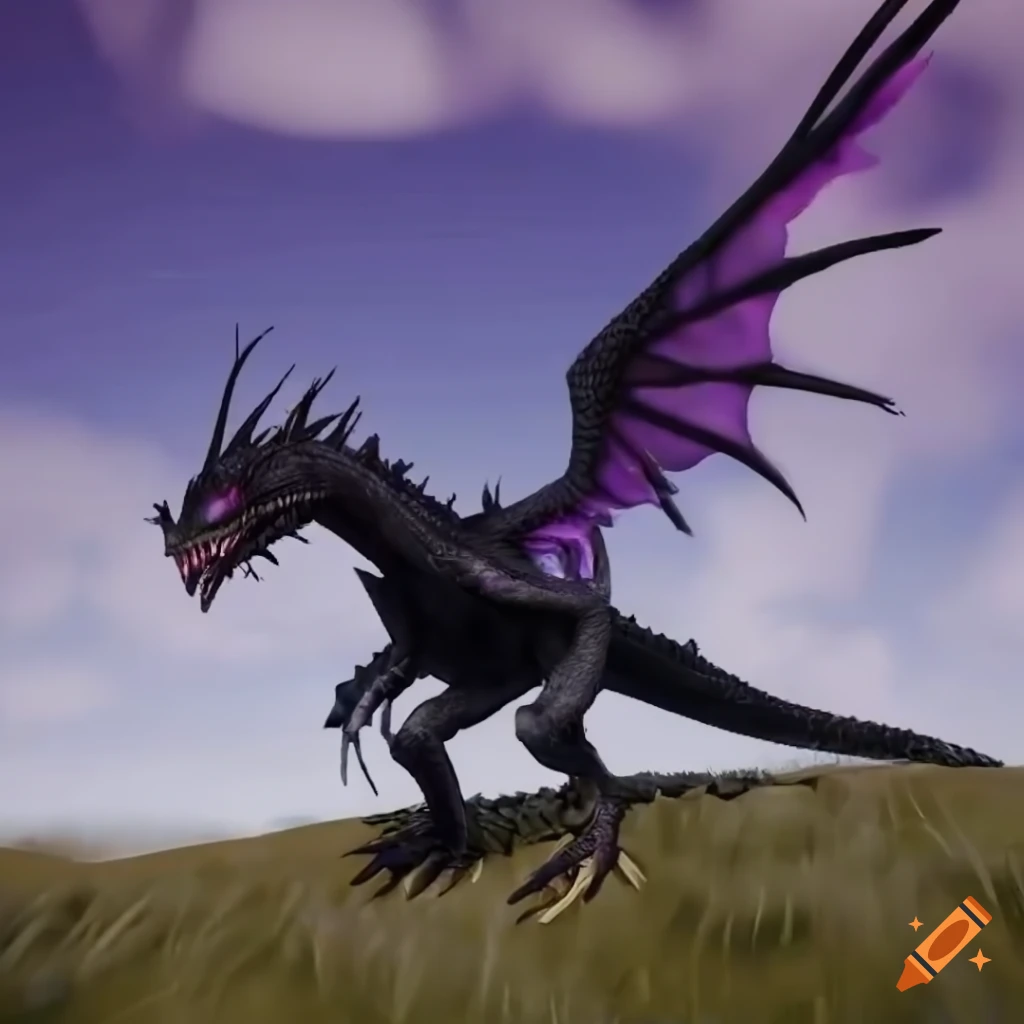 Unreal engine 5 black alien dragon with purple eyes and wings on Craiyon