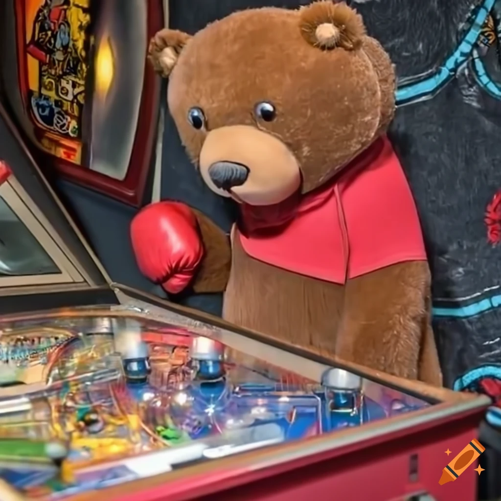 Humorous image of a bear playing pinball with boxing gloves on Craiyon