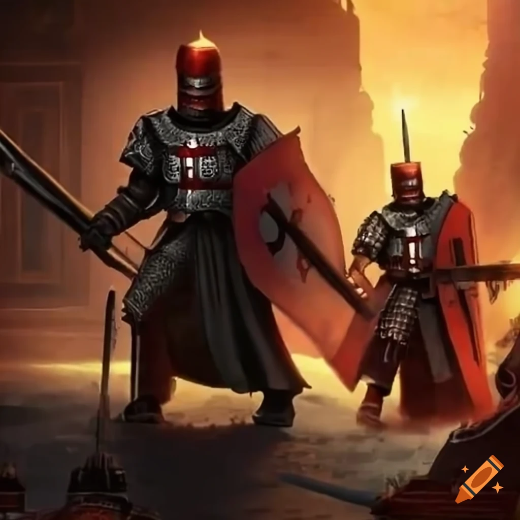 Illustration of a knight and imperial guard in battle