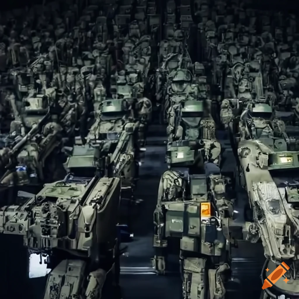 Robot army marching on a machinery floor on Craiyon