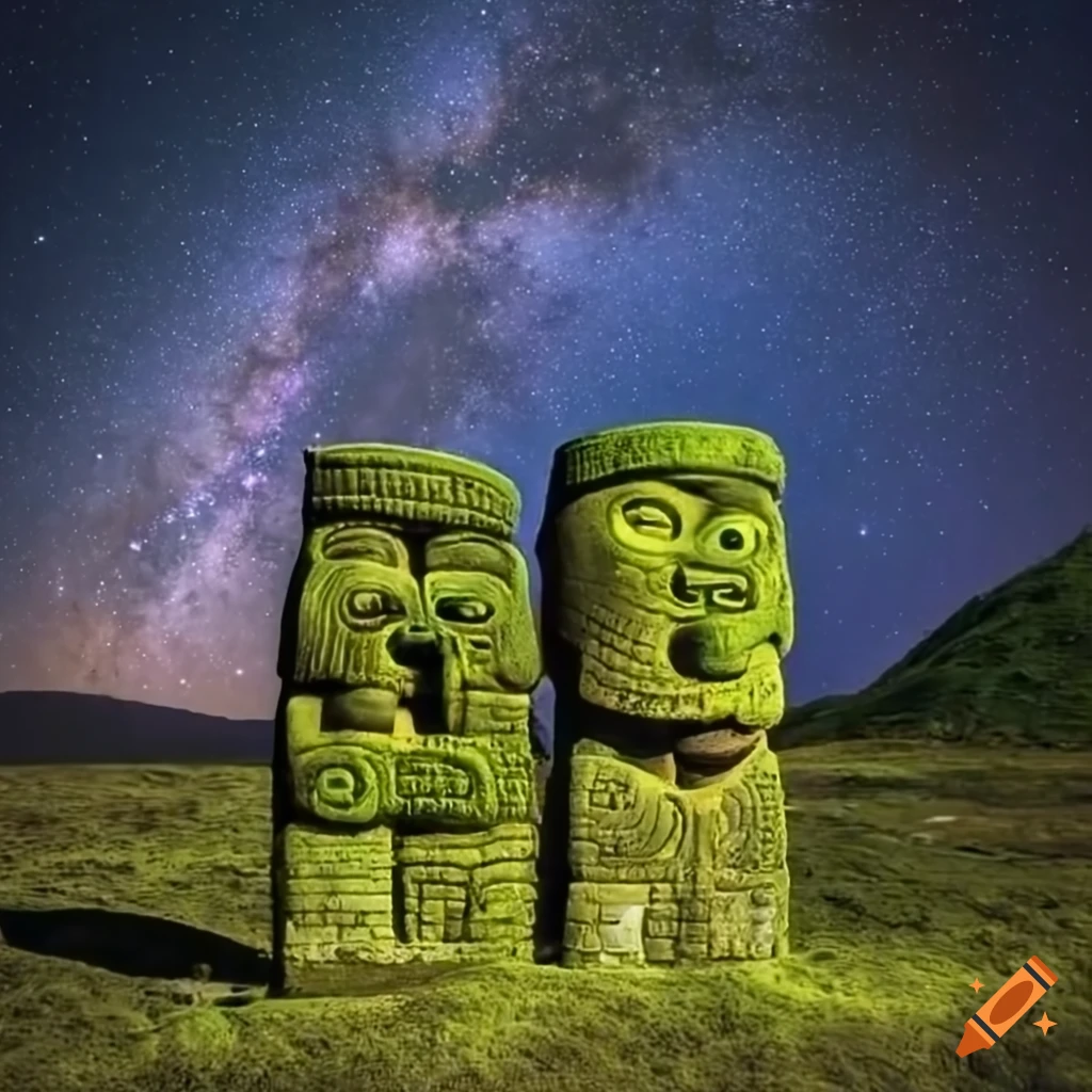 Toltec sculptures with the milky way in the background