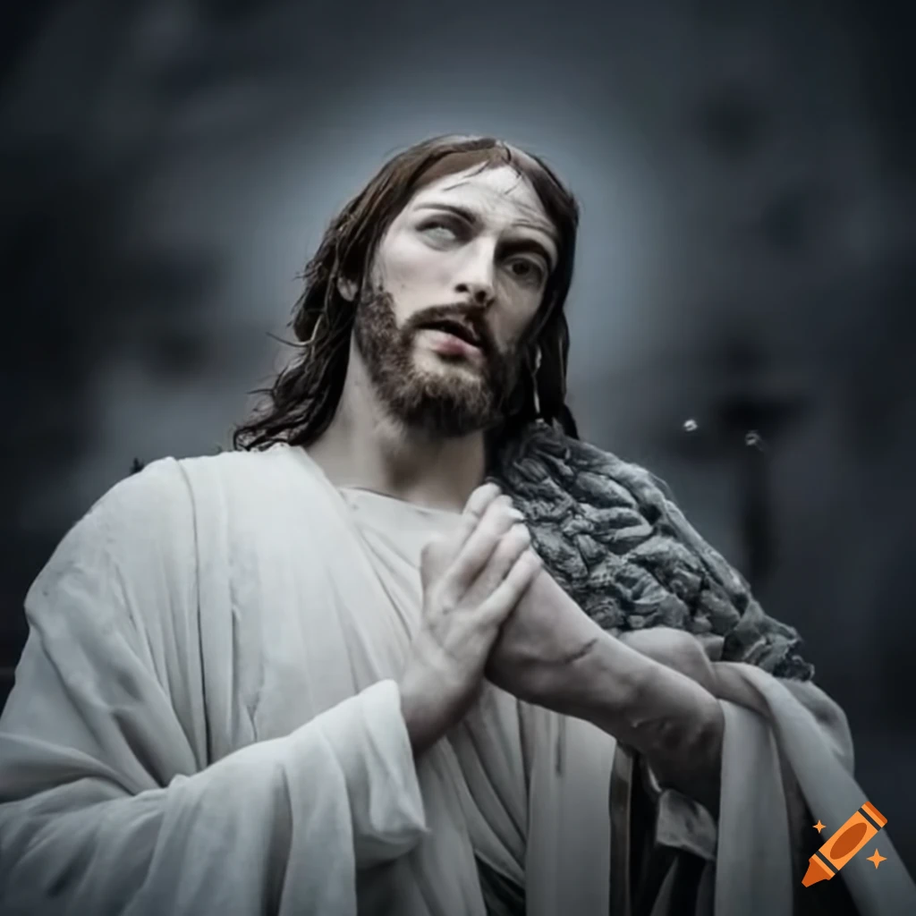 Illustration of jesus walking on water in a rainstorm on Craiyon