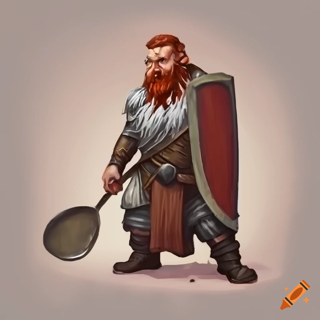 Image of a dwarf cleric with a red shield and mustache on Craiyon