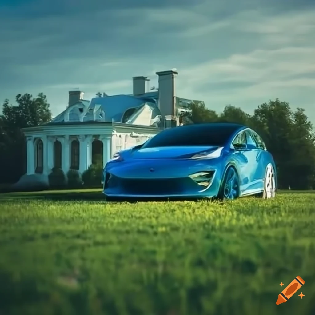 Blue tesla car parked in front of a white house