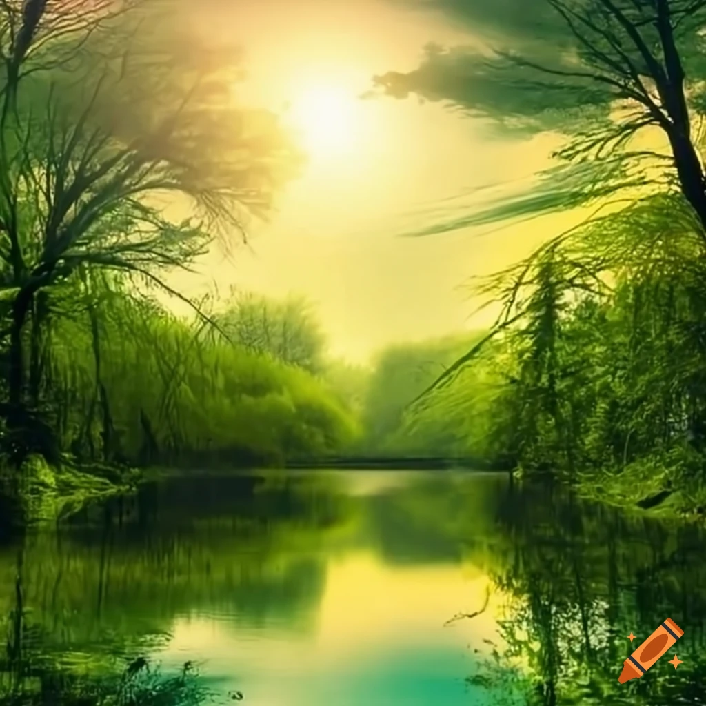 Serene nature scenery with shimmering water and sunrays on Craiyon