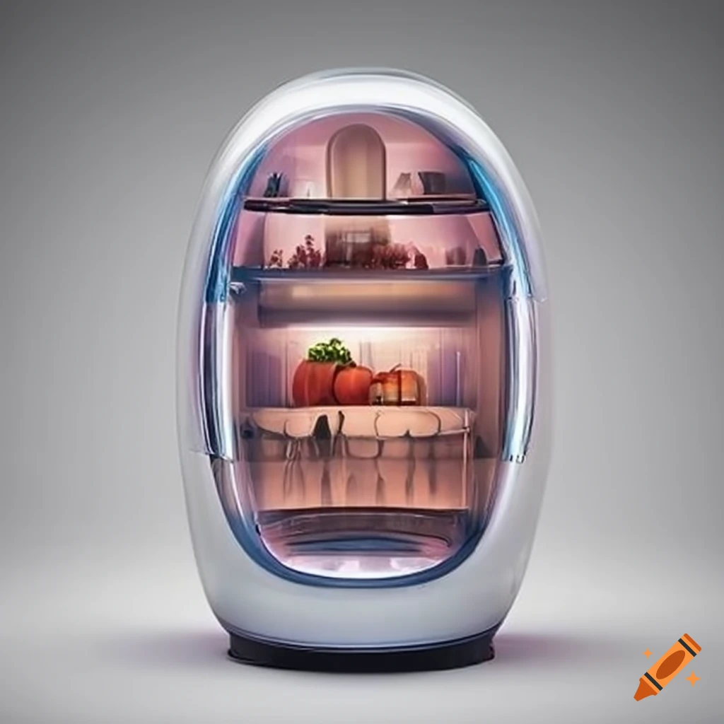 Futuristic transparent oval refrigerator on Craiyon