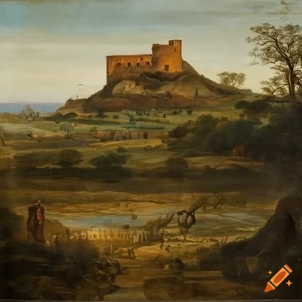 Renaissance painting of a savanna with a fortress