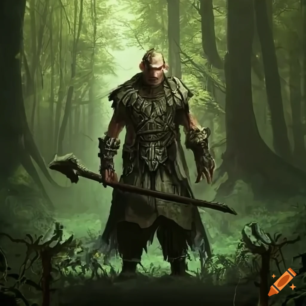 Illustration d'un guerrier lançant un bouclier dans une forêt sombre on ...