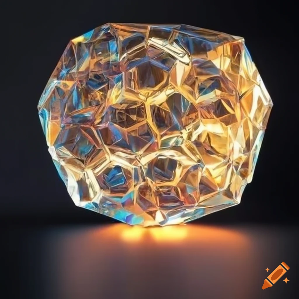Mesmerizing golden polyhedron sculpture with reflections on Craiyon