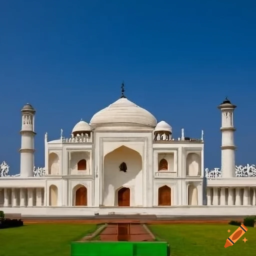 Front view of a white mughal-style building on Craiyon