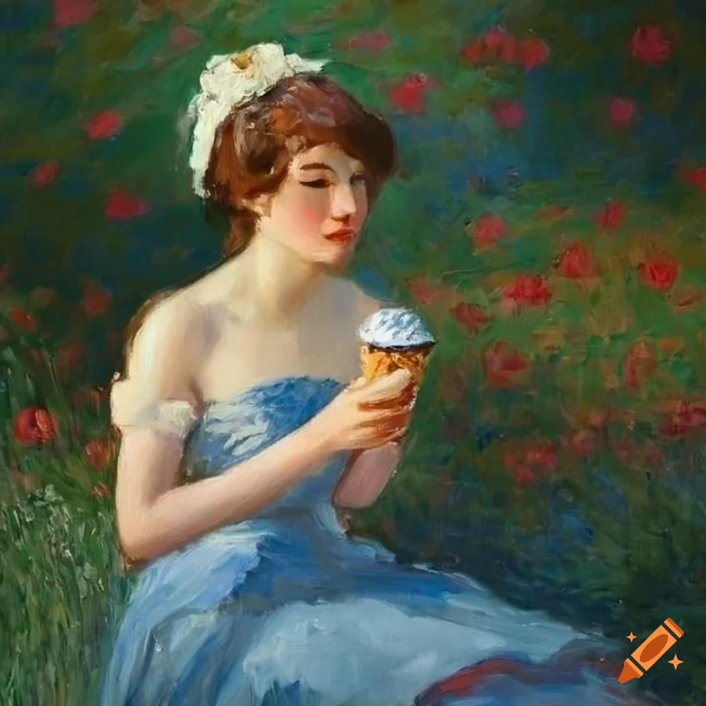 Monet-style painting of a woman with an Ice Cream Cone in a flower ...