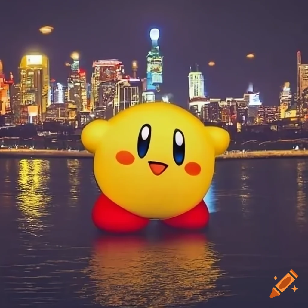 Giant yellow kirby in a cityscape