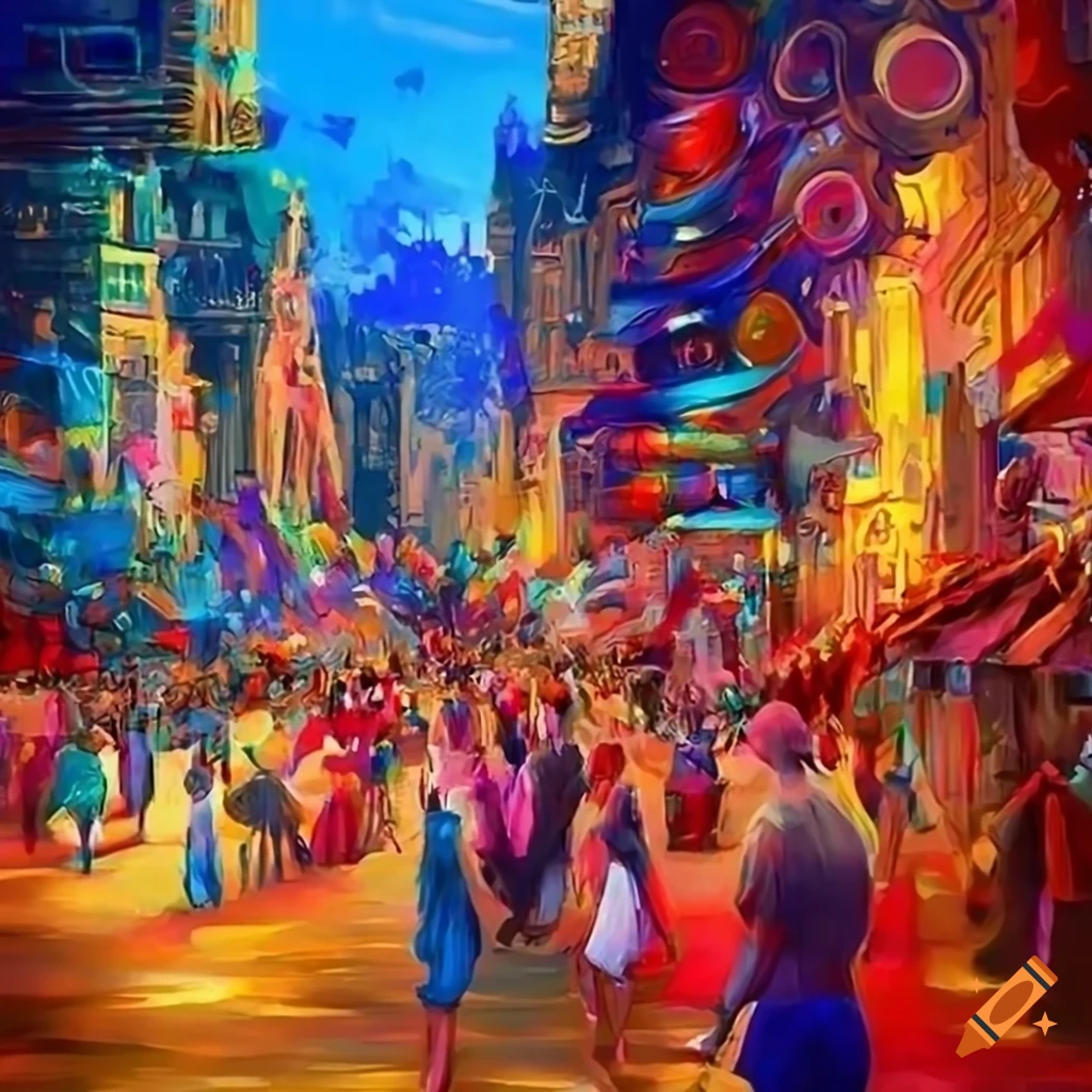Vibrant digital painting of a bustling fantasy city