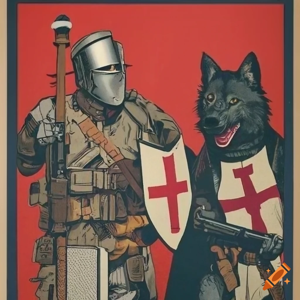 Vintage propaganda poster of a wolf in insurgent fighter attire on Craiyon
