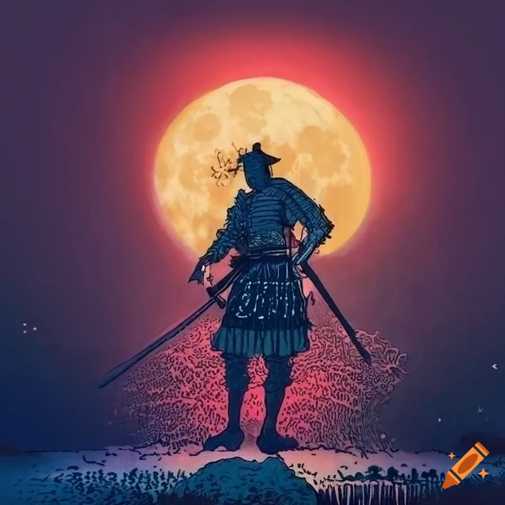 Ukiyo-e style illustration of a muscular samurai in a foggy ancient ...