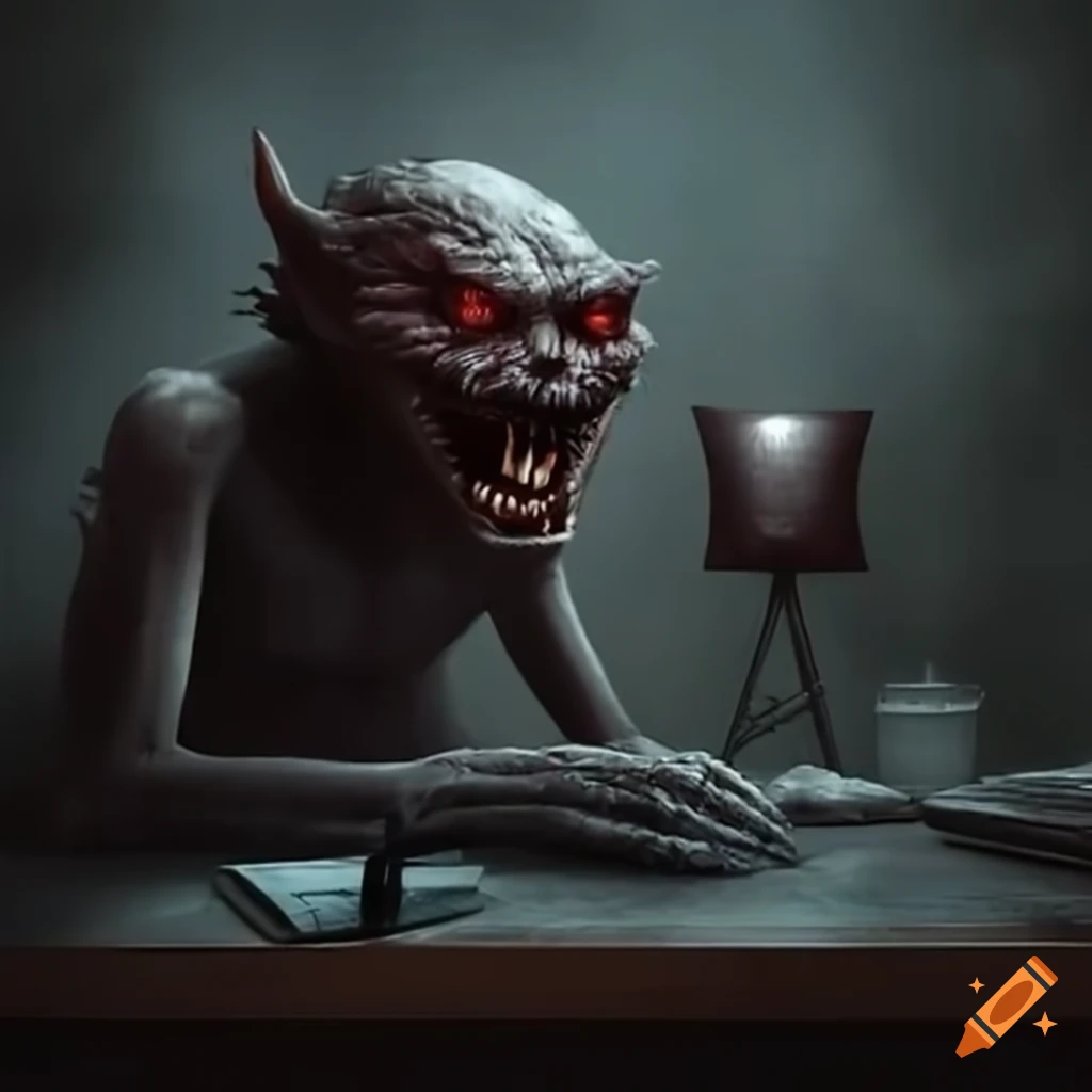 Haunted office with sinister creatures on Craiyon