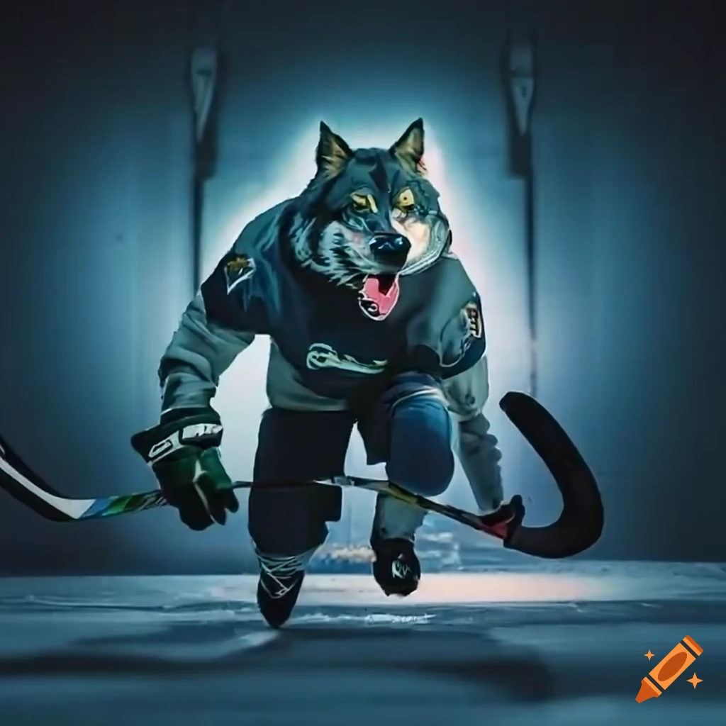 Image of a wolf hockey player on ice on Craiyon