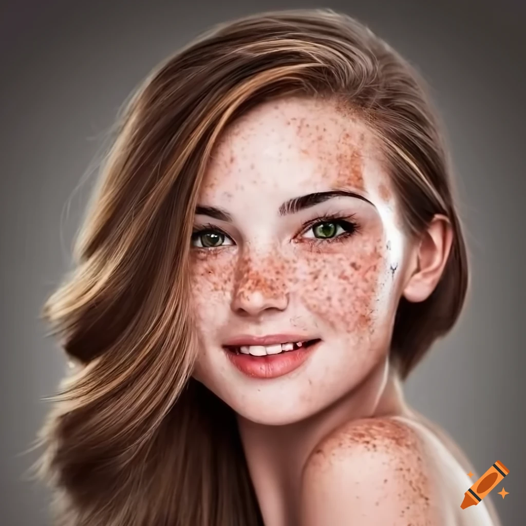 Portrait of a young woman with freckles and a beautiful smile